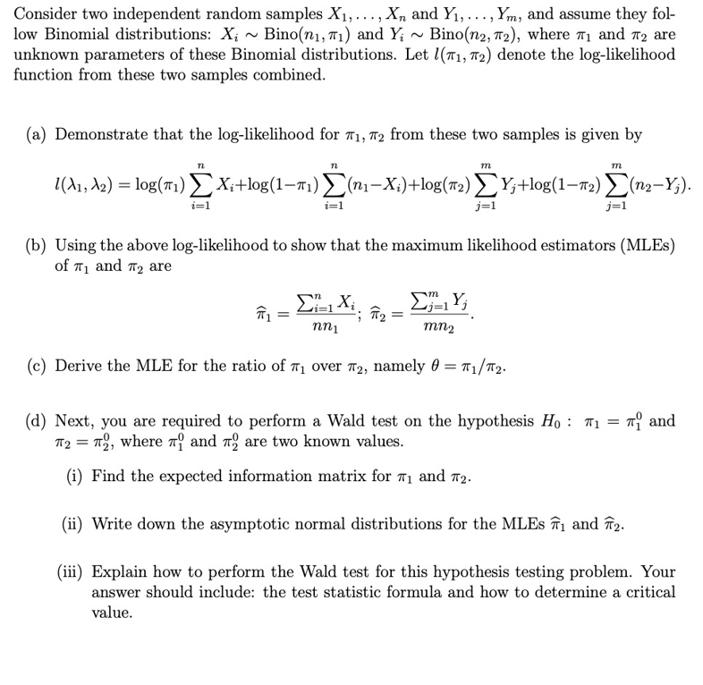 Solved ܕ N Consider two independent random samples X1, ..., | Chegg.com