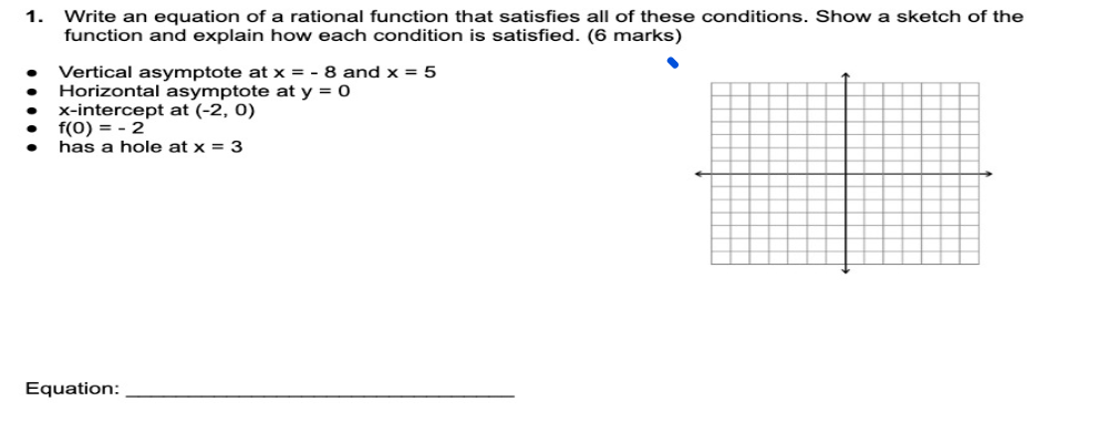 Solved 1. Write an equation of a rational function that | Chegg.com