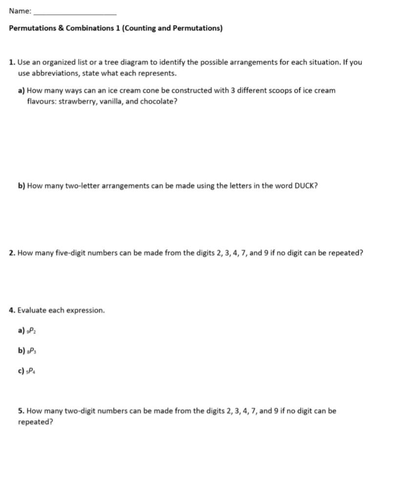 Solved Name: Permutations & Combinations 1 (Counting and | Chegg.com