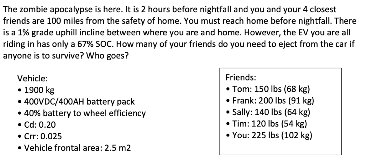 Solved The zombie apocalypse is here. It is 2 hours before | Chegg.com