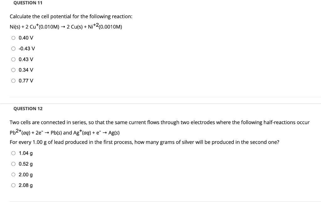 Solved Calculate the cell potential for the following | Chegg.com