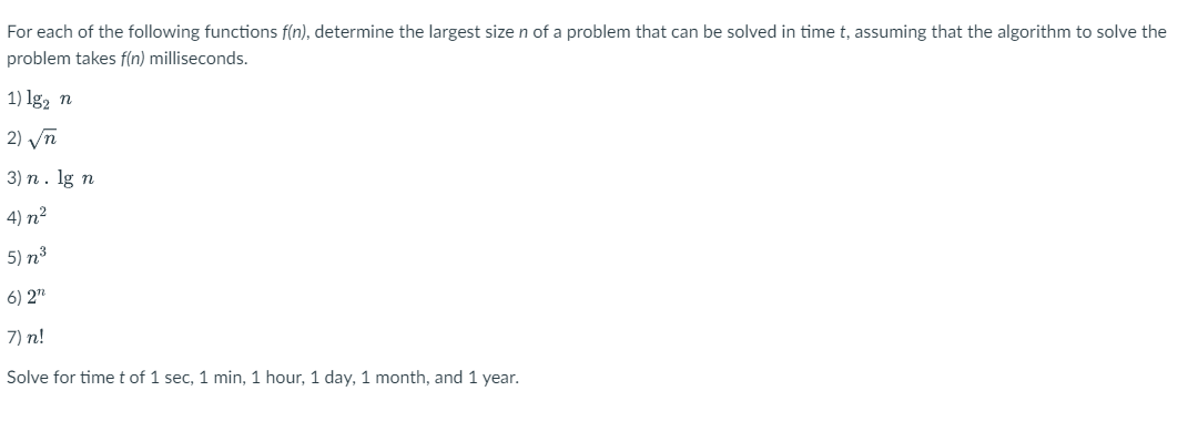 Solved For each of the following functions f(n), determine | Chegg.com