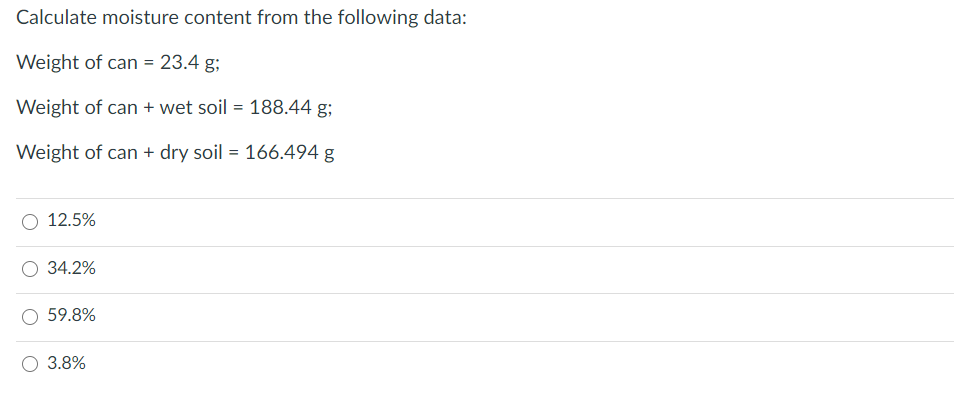 Solved Calculate moisture content from the following data: | Chegg.com