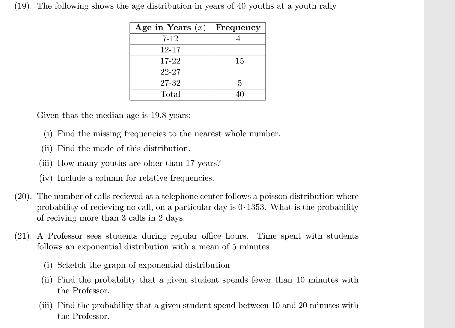 Solved Given that the median age is 19.8 years: (i) Find the | Chegg.com