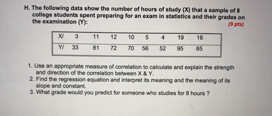 Solved H. The following data show the number of hours of | Chegg.com