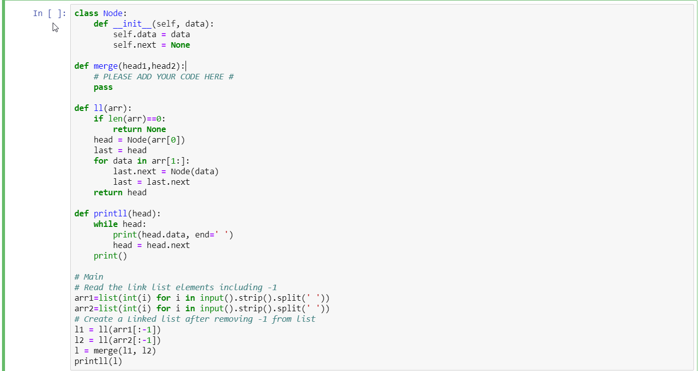 Code : Merge two sorted LL Given two linked lists | Chegg.com