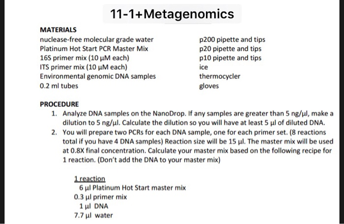 Solved 11-1+Metagenomics MATERIALS nuclease-free molecular | Chegg.com
