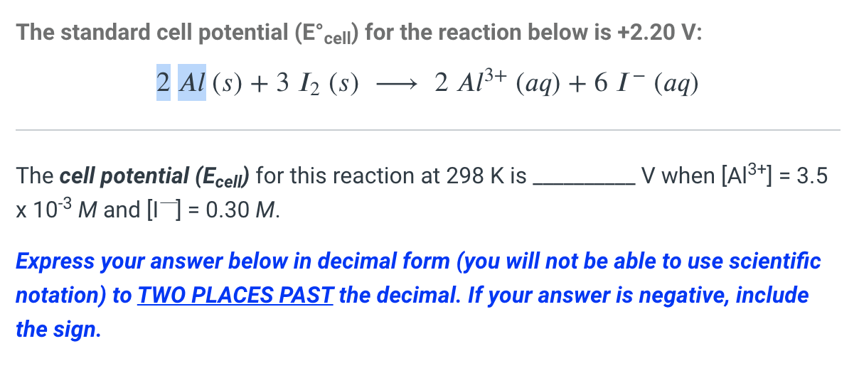 Solved The standard cell potential (Eºcell) for the reaction | Chegg.com