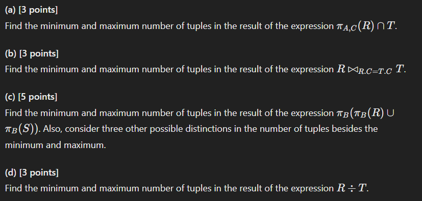 Solved Let R(A, ﻿B, ﻿C), ﻿S(B, ﻿D), ﻿and T(A, ﻿C) ﻿be | Chegg.com