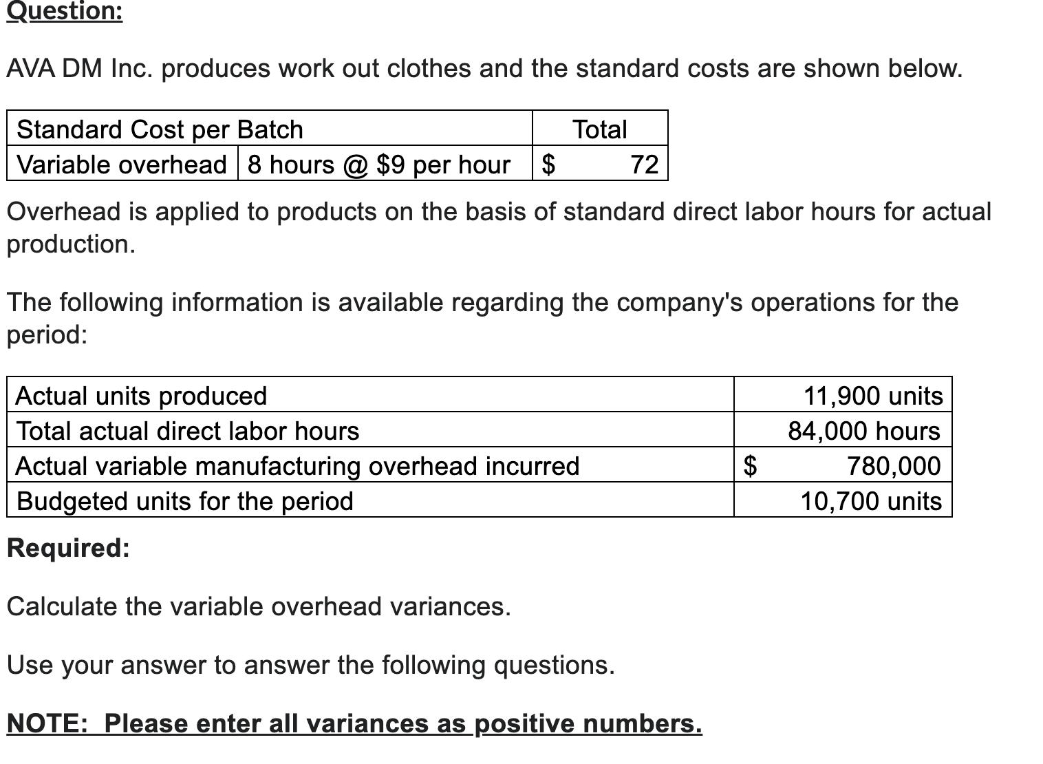 Solved AVA DM Inc. produces work out clothes and the | Chegg.com