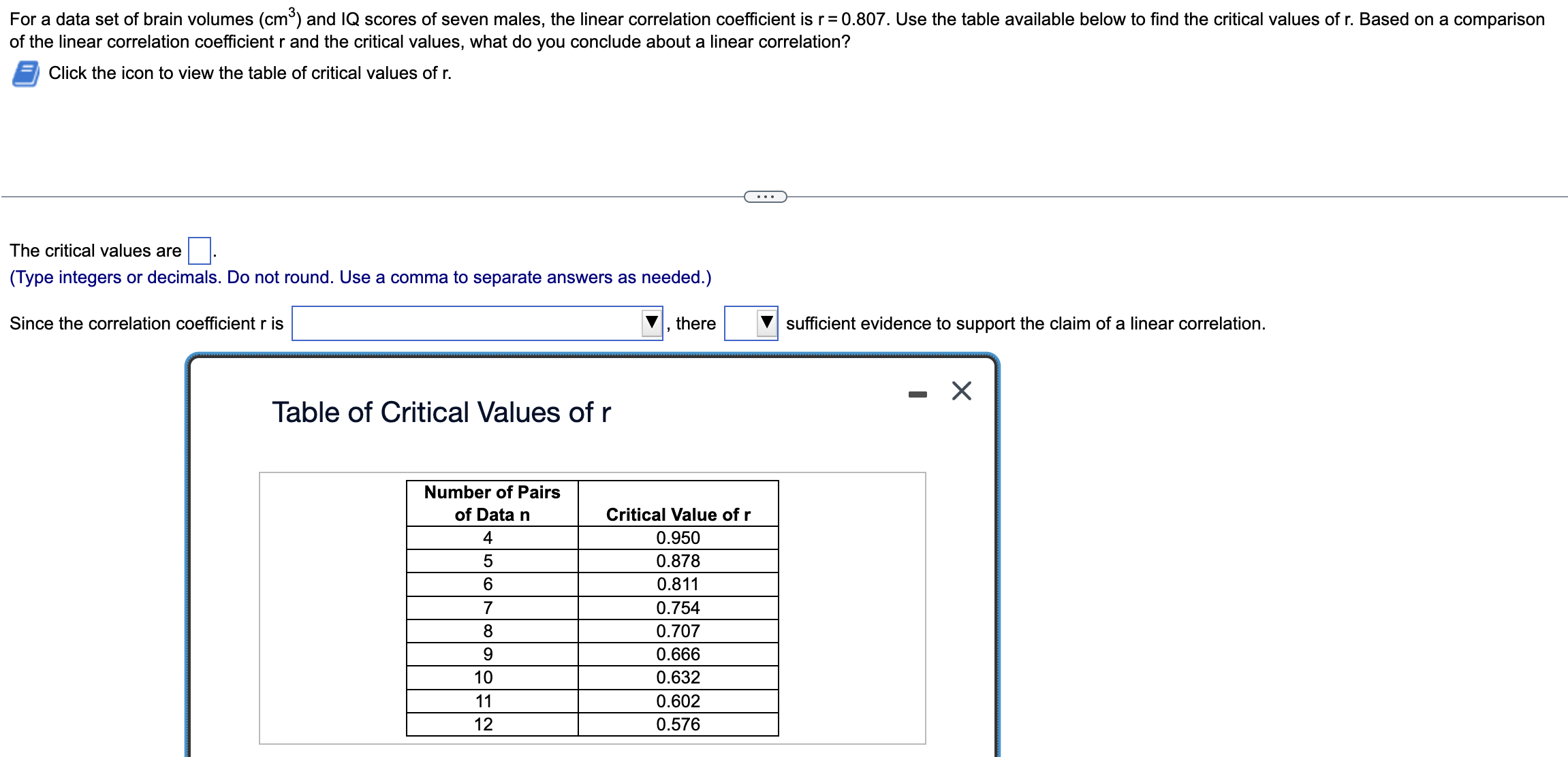 Solved For a data set of brain volumes (cm3) and IQ scores | Chegg.com