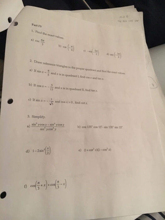 Solved Find the exact values. a) csc 4 pi/3 b) cos (-pi/4) | Chegg.com