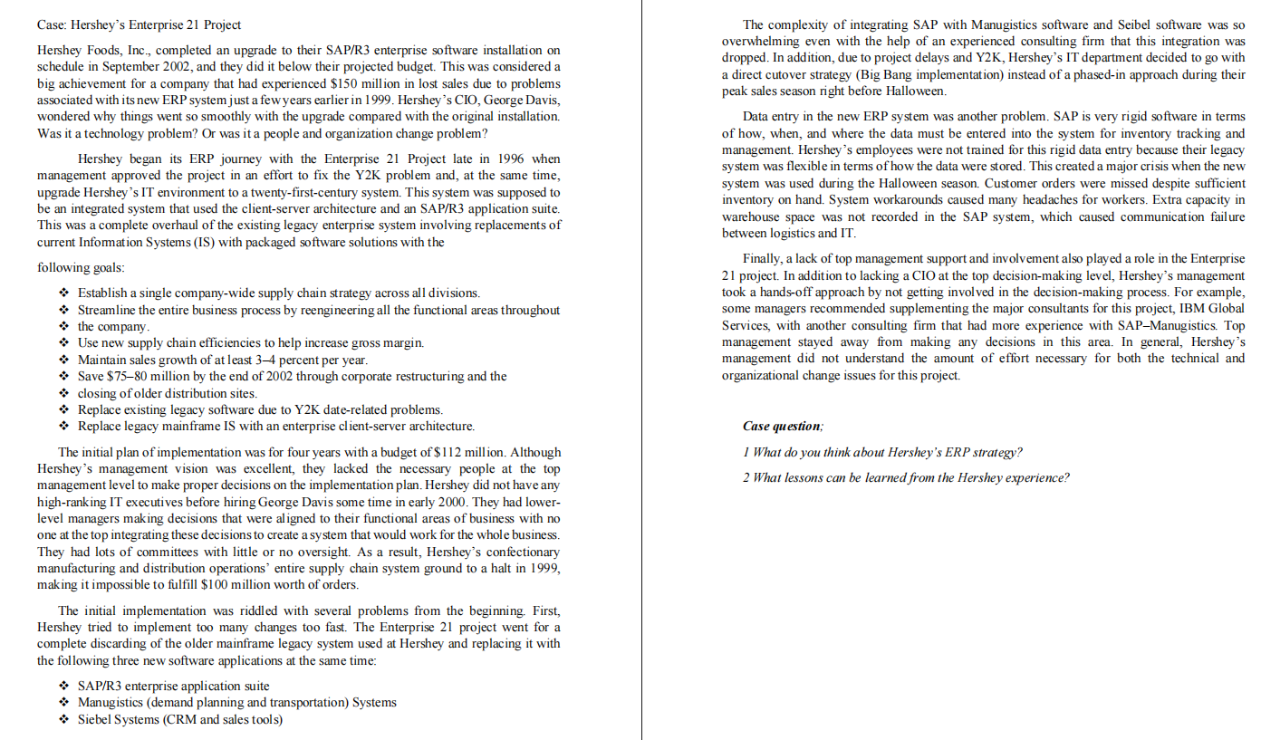 Solved Case: Hershey's Enterprise 21 Project The complexity | Chegg.com