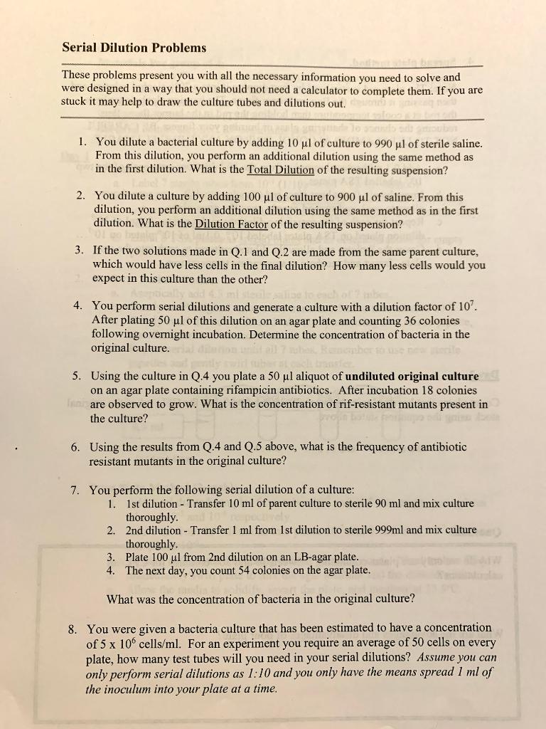 Solved Serial Dilution Problems These problems present you | Chegg.com