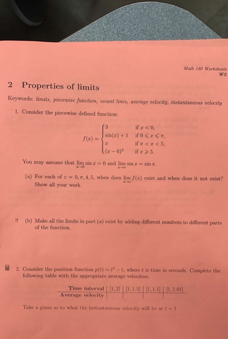 Solved Math 180 Worksheets We 2 Properties Of Limits Chegg