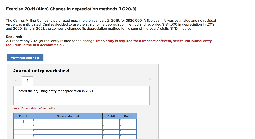 Solved Exercise 20-11 (Algo) Change in depreciation methods | Chegg.com