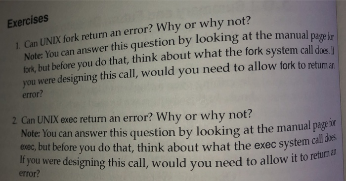 Solved Exercises 1 Can Unix Fork Return An Error Why Or