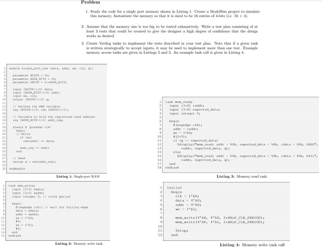 Solved Problem 1. Study the code for a single port memory | Chegg.com
