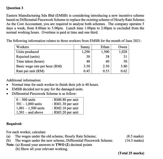 Solved Question 3 Eastern Manufacturing Sdn Bhd (EMSB) is | Chegg.com