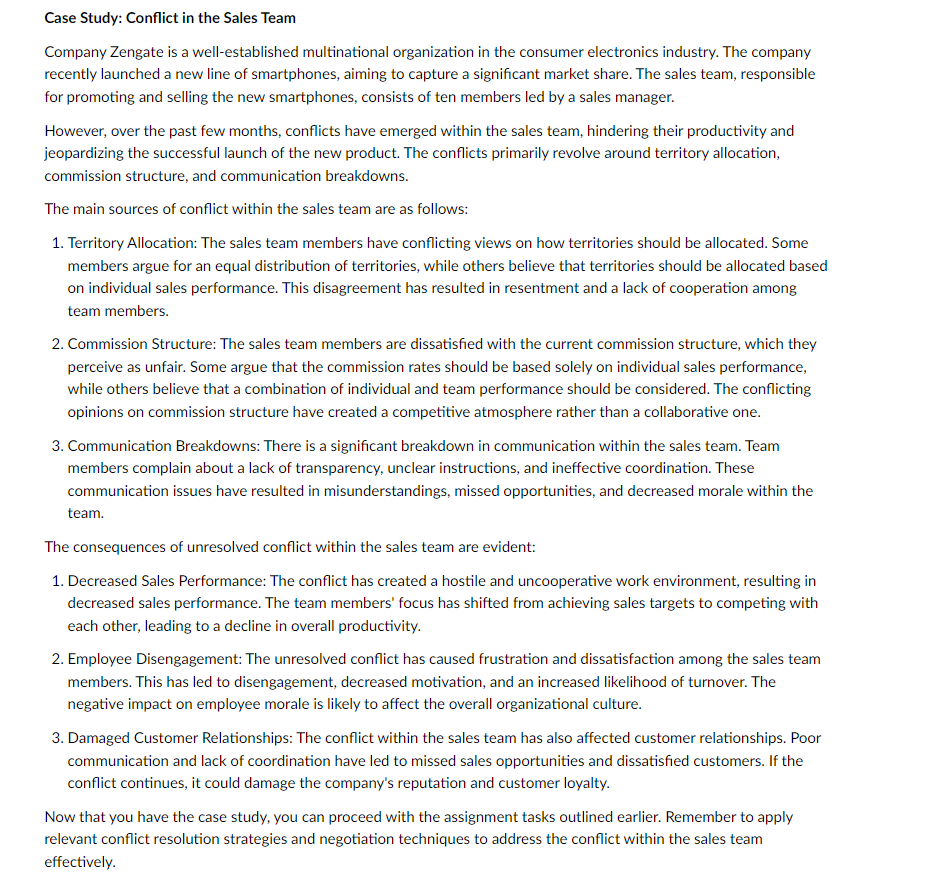 Solved Case Study: Conflict in the Sales Team Company | Chegg.com