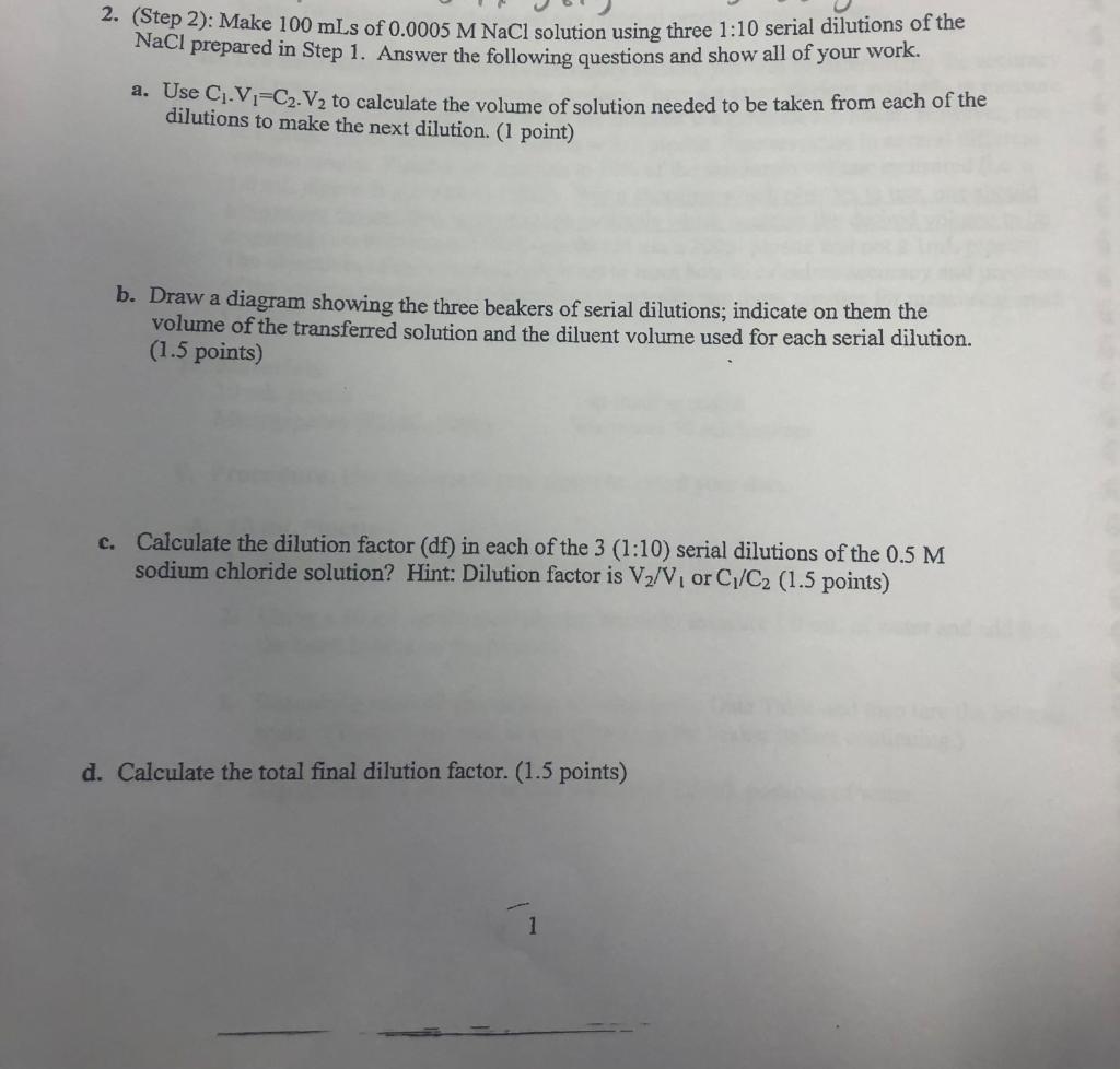 Solved 2. (Step 2): Make 100 mLs of 0.0005 M NaCl solution | Chegg.com