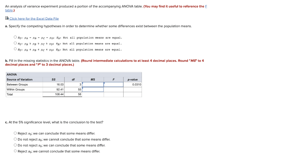 Solved An Analysis Of Variance Experiment Produced A Portion