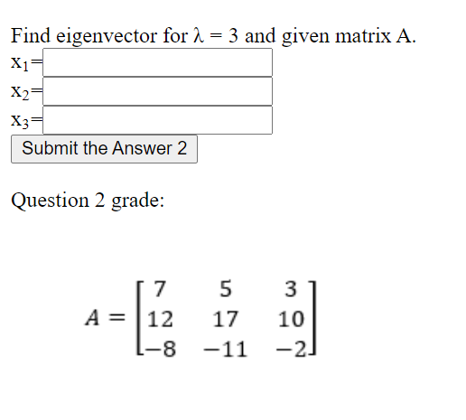 Solved Find eigenvector for a = 3 and given matrix A. X1 X2 | Chegg.com