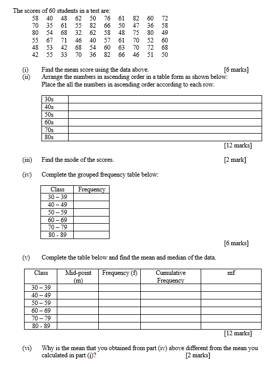 Solved The scores of 60 students in a test are: 58 48 62 50 | Chegg.com