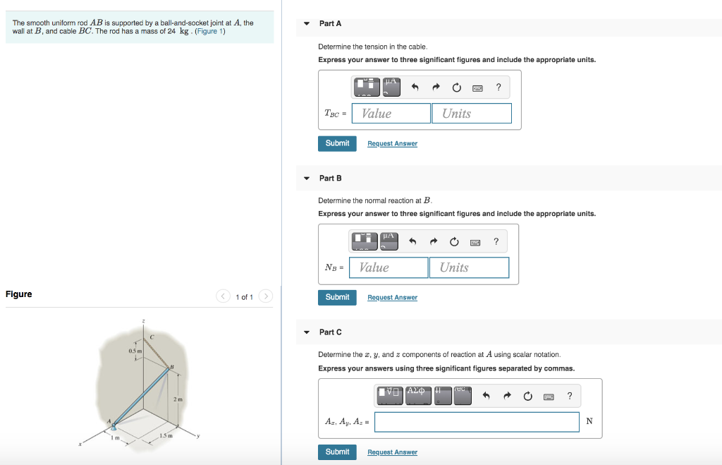 Solved The smooth uniform rod ABAB is supported by a | Chegg.com