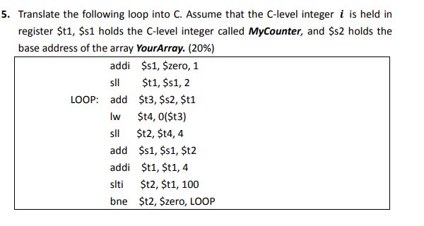 Solved 5. Translate the following loop into C. Assume that | Chegg.com
