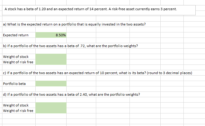 Solved A stock has a beta of 1.20 and an expected return of | Chegg.com
