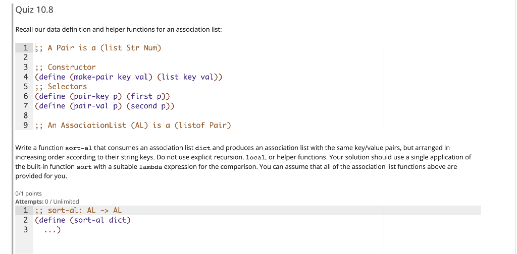 Solved Quiz 10.8 Recall our data definition and helper | Chegg.com