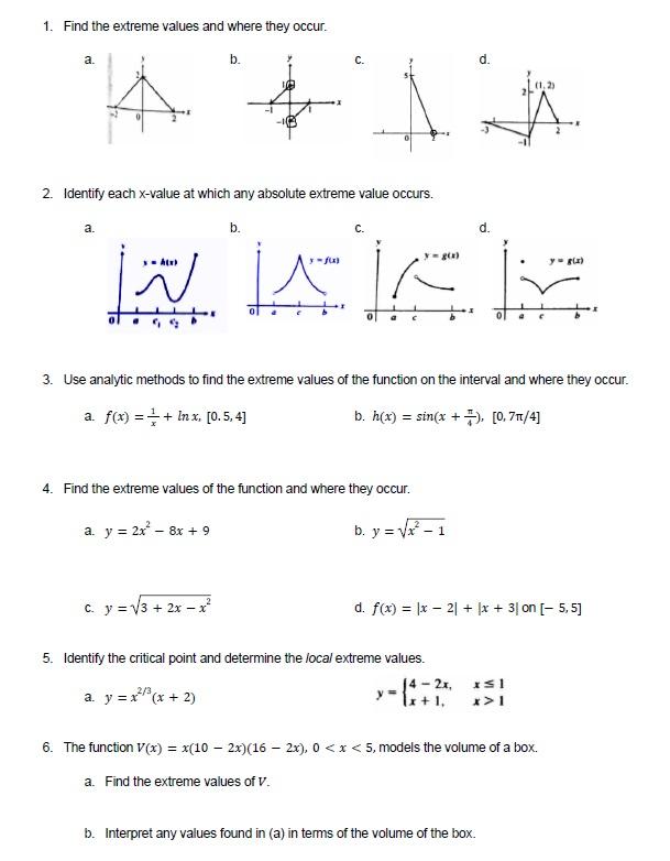 Solved 1. Find the extreme values and where they occur. a. | Chegg.com
