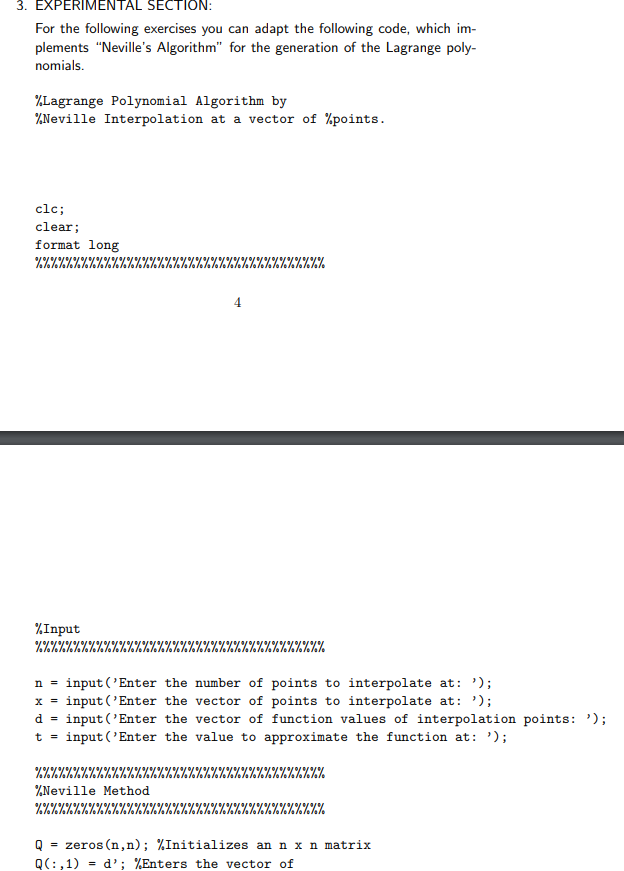 Solved %Lagrange Polynomial Algorithm by %Neville | Chegg.com