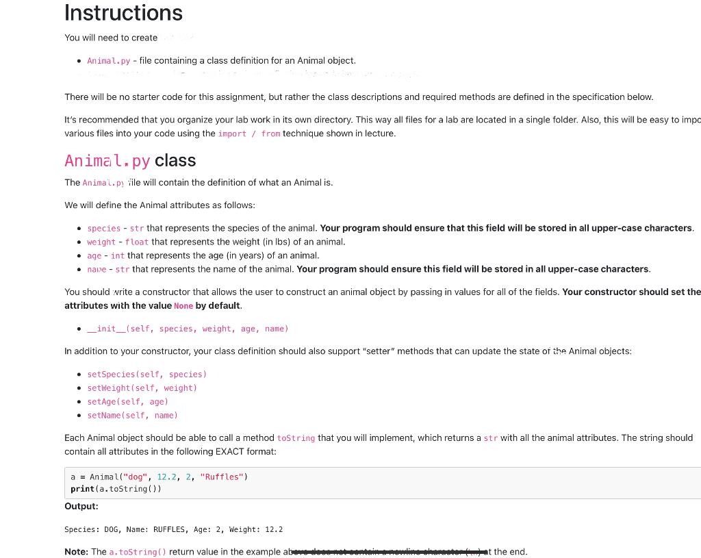 Solved Instructions You will need to create • Animal.py - | Chegg.com