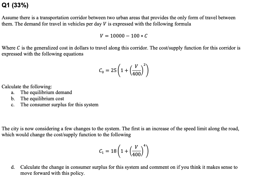 Solved Assume there is a transportation corridor between two | Chegg.com