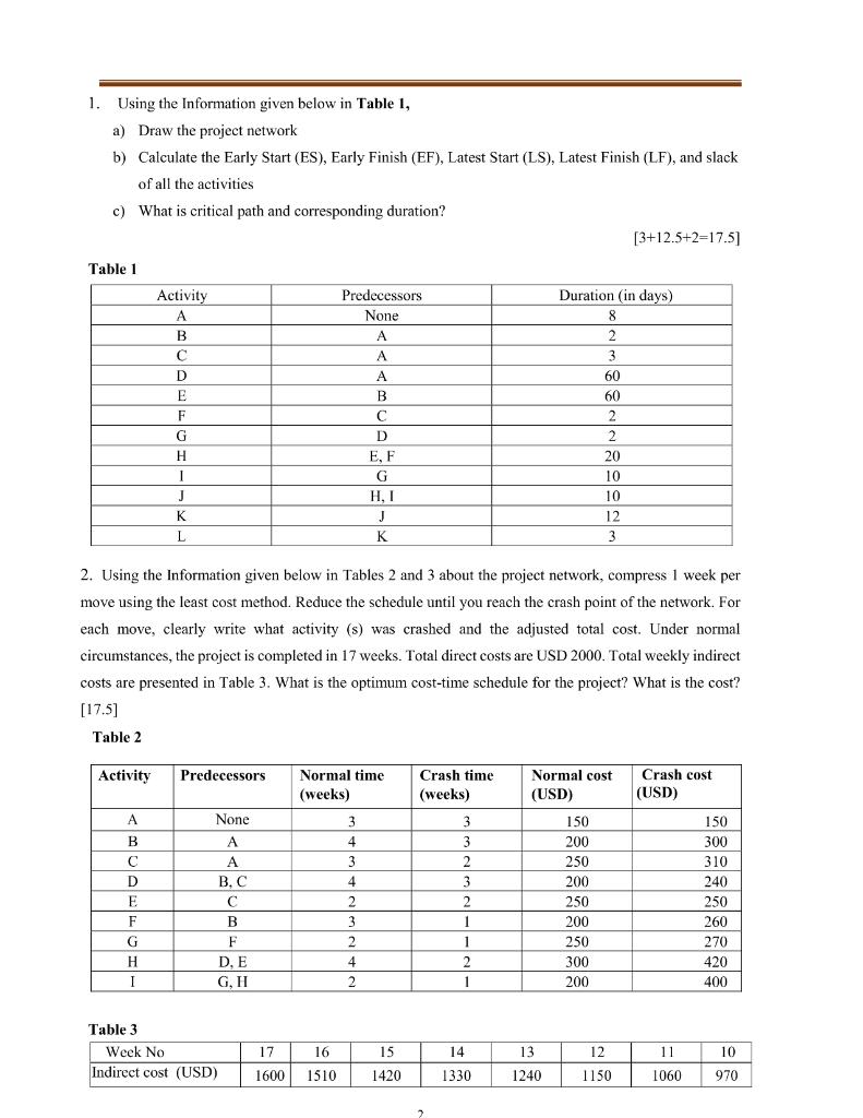 Solved 1. Using the Information given below in Table 1, a) | Chegg.com