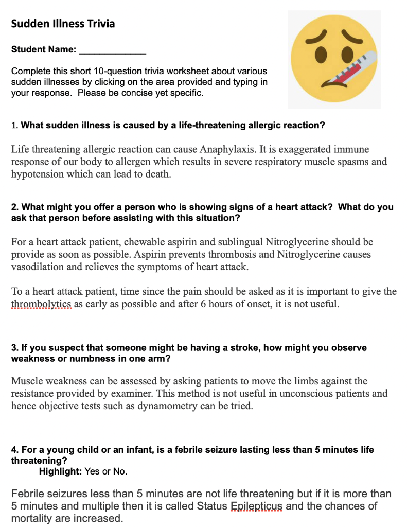 Solved Purpose: Signs and symptoms of sudden illnesses vary | Chegg.com