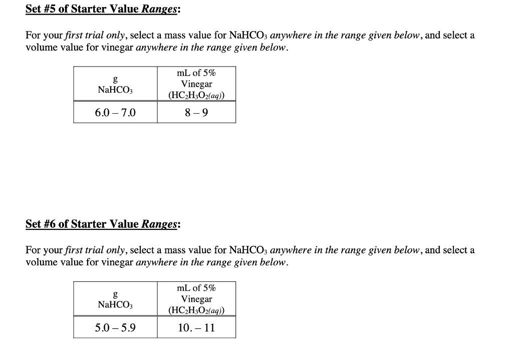 Set #1 of Starter Value Ranges: For your first trial | Chegg.com