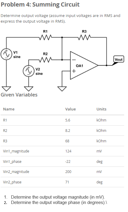 Solved Problem 4: Summing Circuit Determine output voltage | Chegg.com