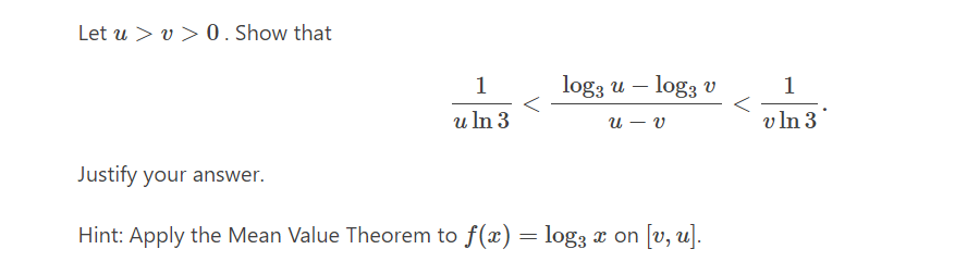Solved Let u >> 0. Show that 1 log3 u – log3 v 1 v In 3 u In | Chegg.com
