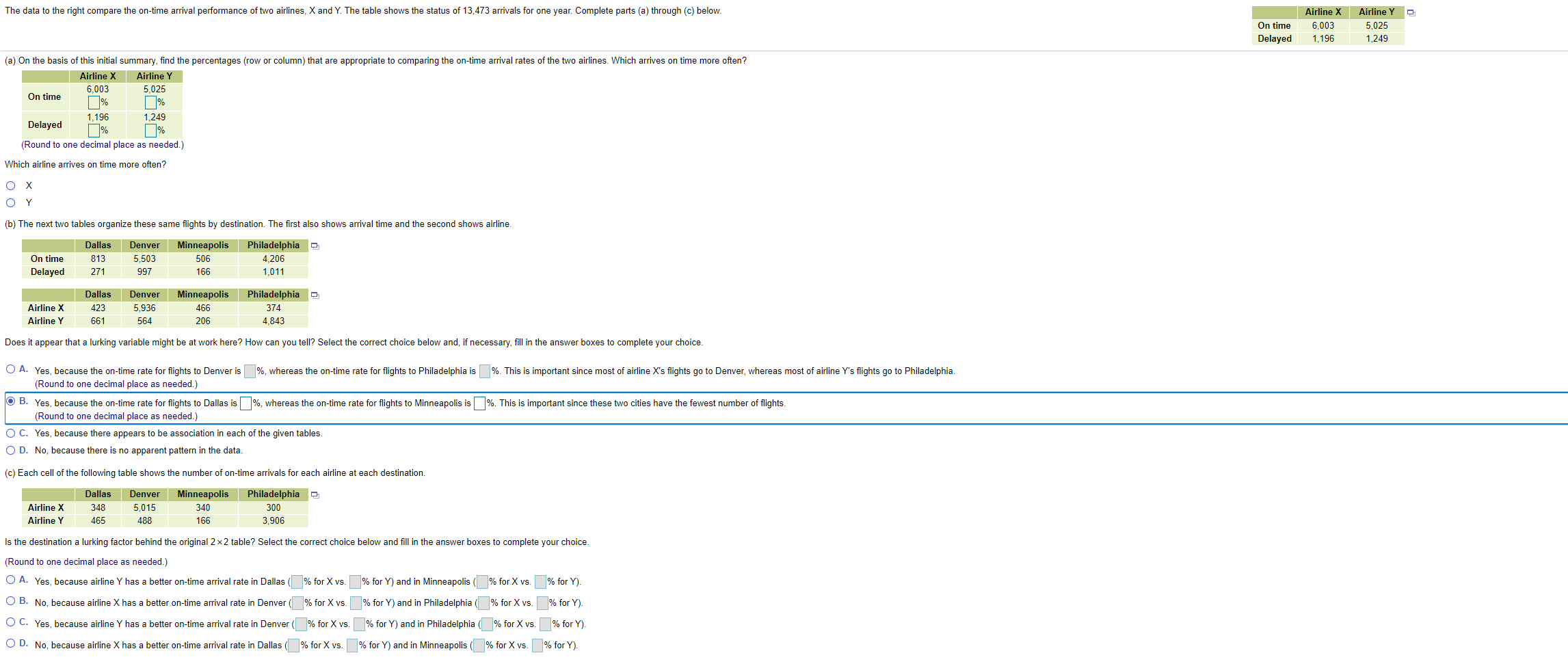 Solved The data to the right compare the on-time arrival | Chegg.com