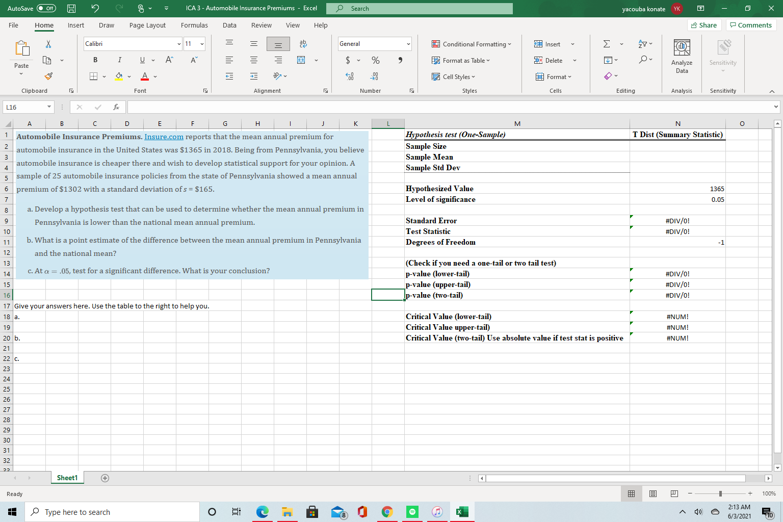 Solved AutoSave Off I ICA 3 - Automobile Insurance Premiums | Chegg.com