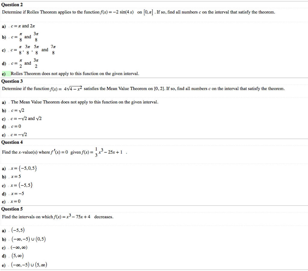 Solved Question2 Determine If Rolles Theorem Applies To The
