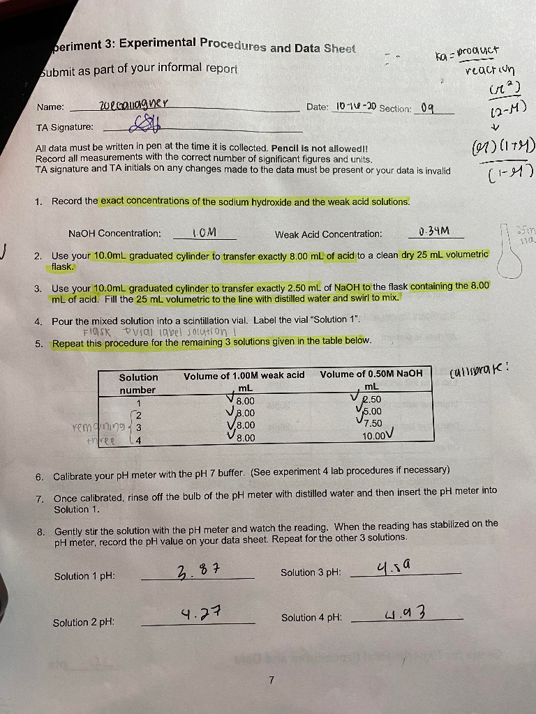Solved periment 3: Experimental Procedures and Data Sheet | Chegg.com
