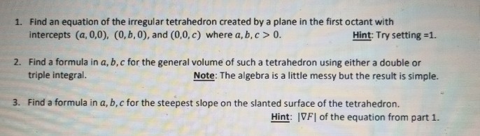 Solved Find an equation of the irregular tetrahedron created | Chegg.com