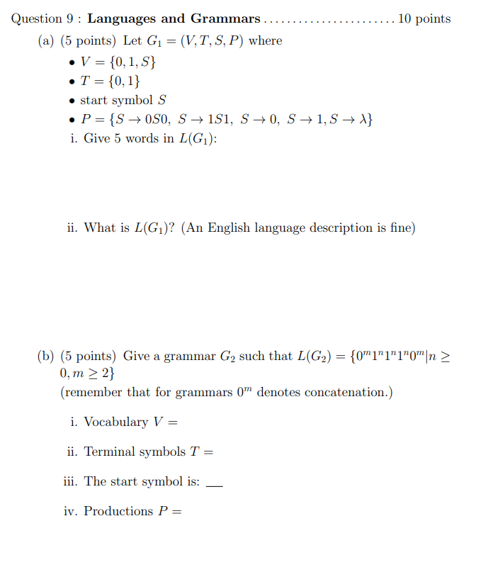 Solved 10 points Question 9 : Languages and Grammars. (a) (5 | Chegg.com