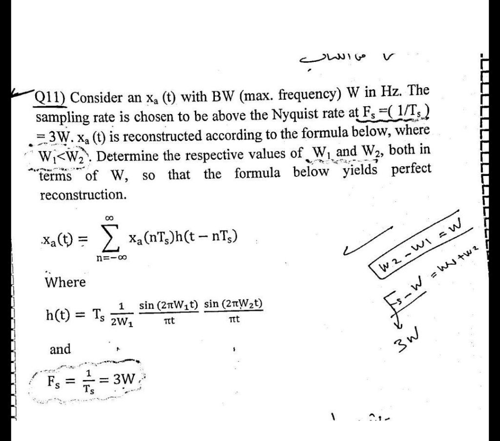 Solved V Q11) Consider an xa (t) with BW (max. frequency) W | Chegg.com