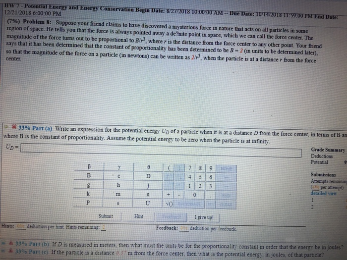 Solved HW 7-Potential Energy and Energy Conservation Begin | Chegg.com