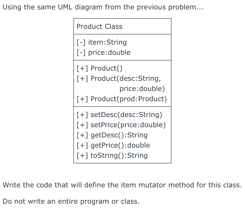 Solved Using the same UML diagram from the previous | Chegg.com